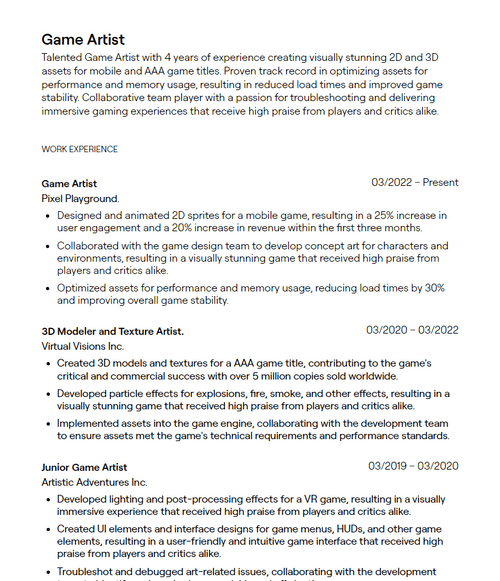 9+ Game Artist Resume Examples [with Guidance]