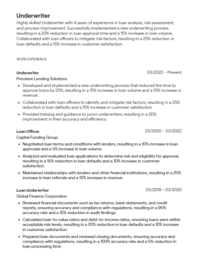 2023 Senior Underwriter Resume Example Guidance TealHQ