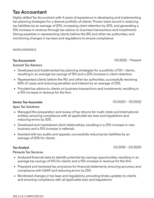 2023 Senior Tax Accountant Resume Example (+Guidance) | TealHQ