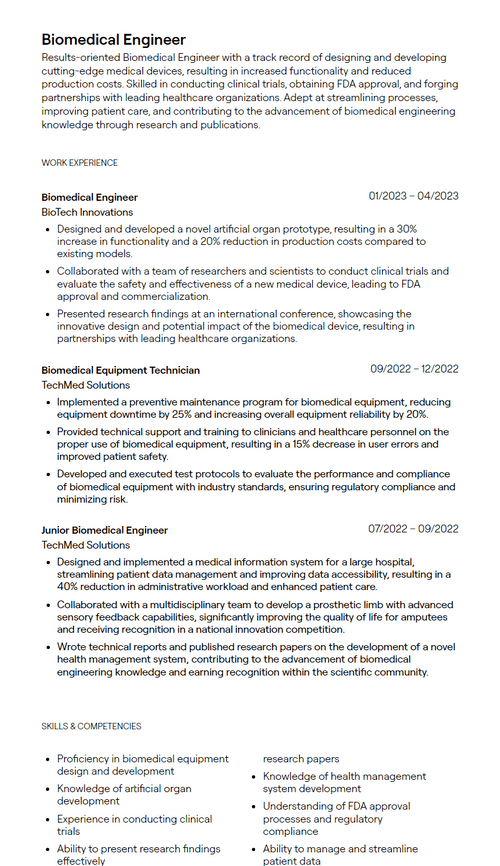 1+ Biomedical Engineer Resume Examples [with Guidance]