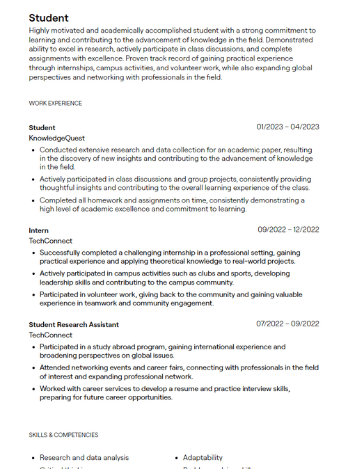 1 Student Resume Examples with Guidance 