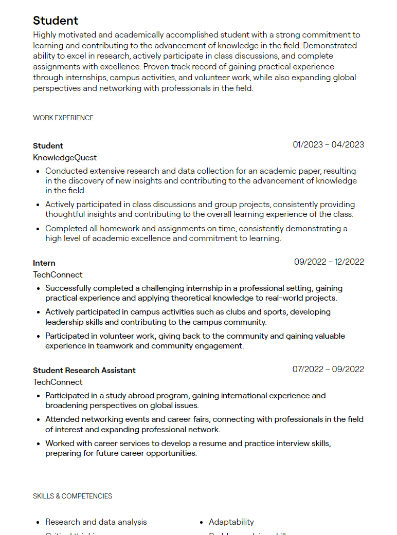 1 Student Resume Examples with Guidance 