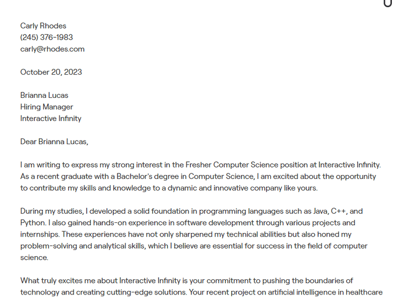 2024 Fresher Computer Science Cover Letter Example (+Free Tools & Guidance)
