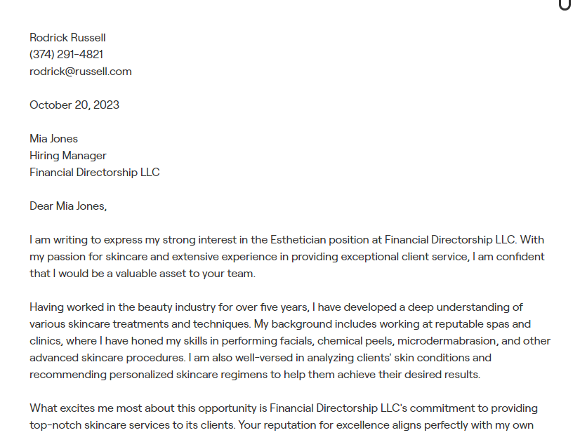 1 Esthetician Cover Letter Examples with In Depth Guidance 