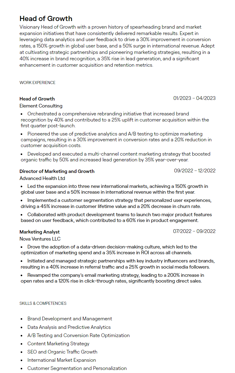1+ Head of Growth Resume Examples [with Guidance]