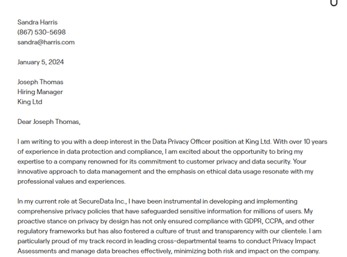 2+ Data Privacy Officer Cover Letter Examples (with In-Depth Guidance)