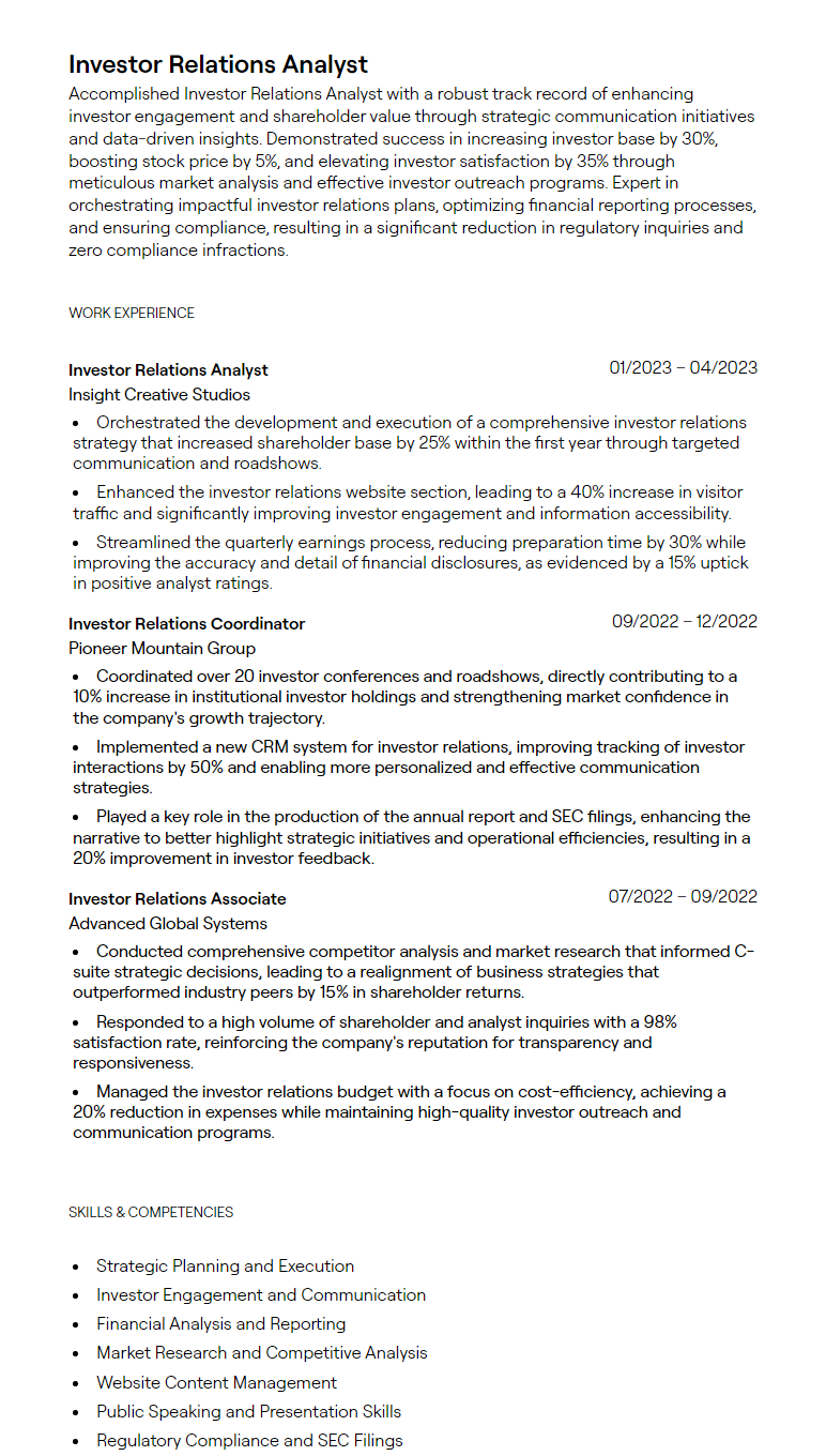 1+ Investor Relations Analyst Resume Examples [with Guidance]