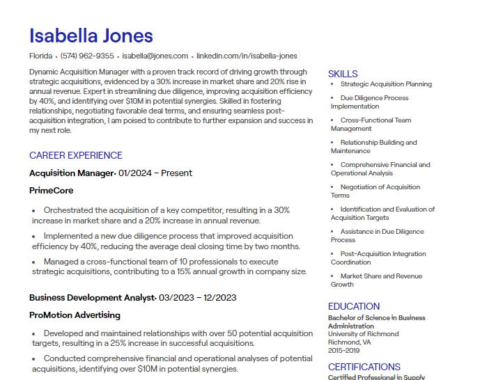 2 Acquisition Manager CV Examples [+ Free Templates]