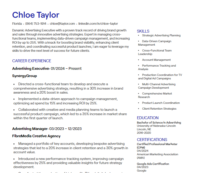 1 Advertising Executive CV Examples [+ Free Templates]