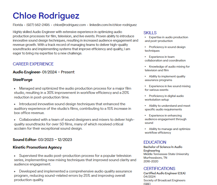 6 Audio Engineer CV Examples [+ Free Templates]