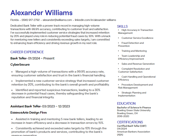 1 Bank Teller CV Examples [+ Free Templates]