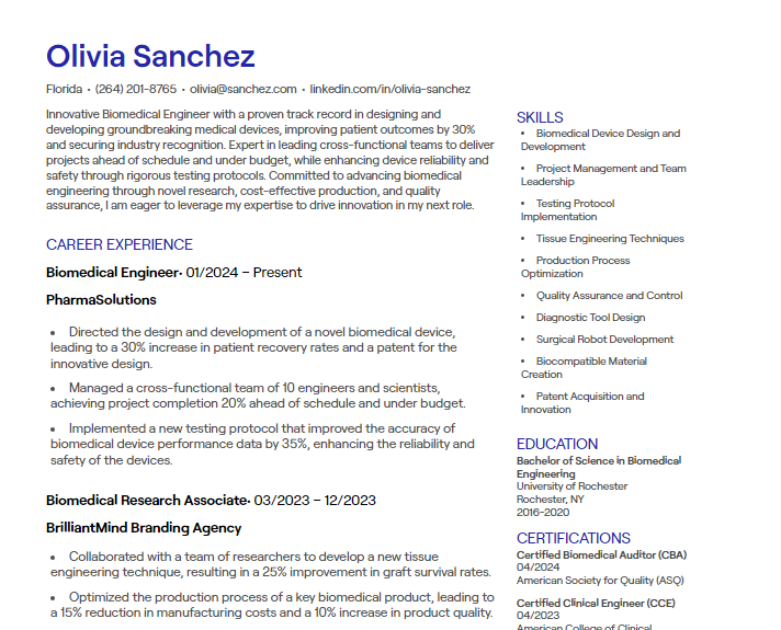 1 Biomedical Engineer CV Examples [+ Free Templates]