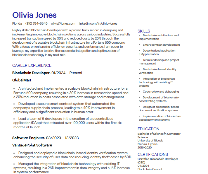 1 Blockchain Developer CV Examples [+ Free Templates]