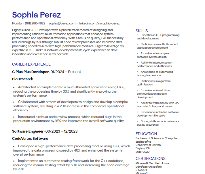 1 C++ Developer CV Examples [+ Free Templates]