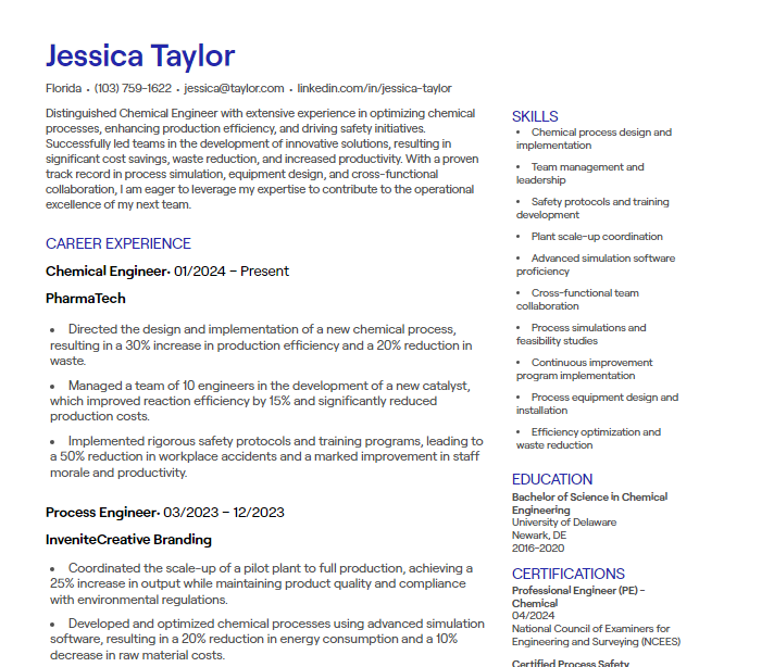 1 Chemical Engineer CV Examples [+ Free Templates]