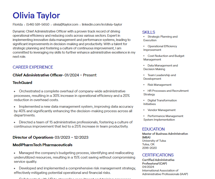 1 Chief Administrative Officer CV Examples [+ Free Templates]
