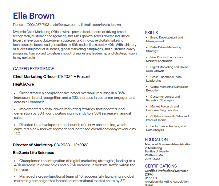 1 Chief Marketing Officer CV Examples [+ Free Templates]