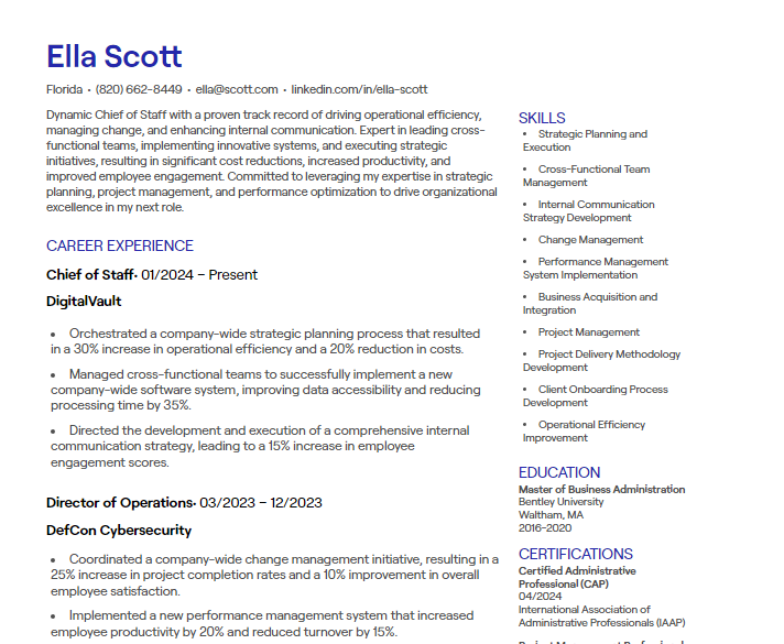 1 Chief of Staff CV Examples [+ Free Templates]