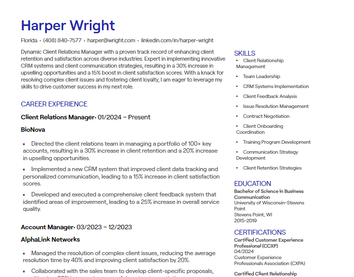 1 Client Relations Manager CV Examples [+ Free Templates]