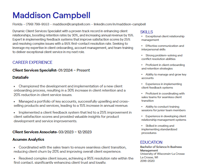 1 Client Services Specialist CV Examples [+ Free Templates]