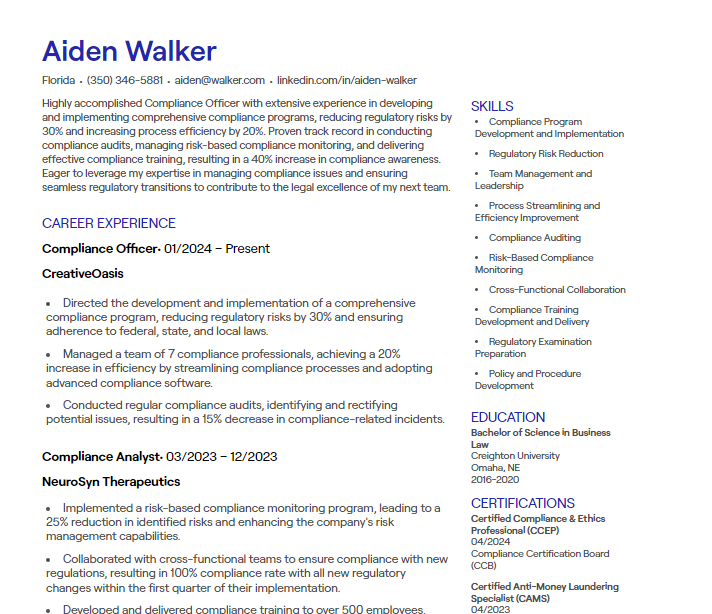 2 Compliance Officer CV Examples [+ Free Templates]