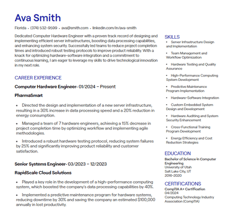 1 Computer Hardware Engineer CV Examples [+ Free Templates]