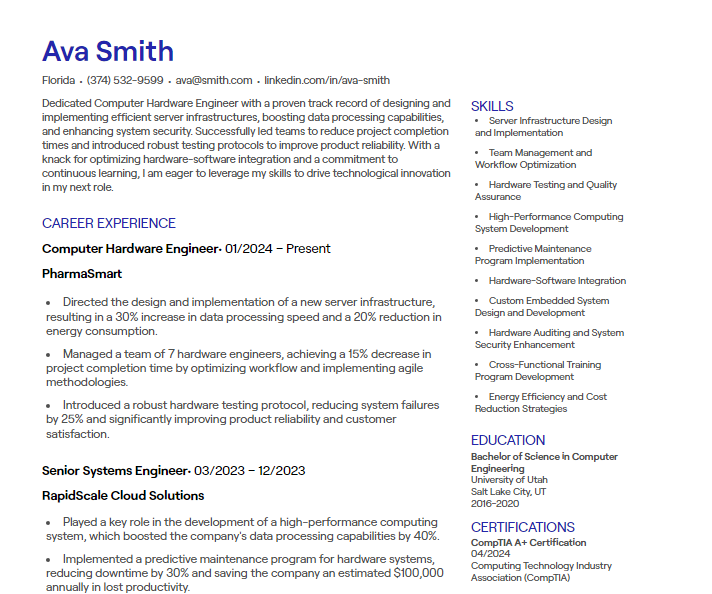 1 Computer Hardware Engineer CV Examples [+ Free Templates]