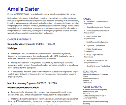 2 Computer Vision Engineer CV Examples [+ Free Templates]
