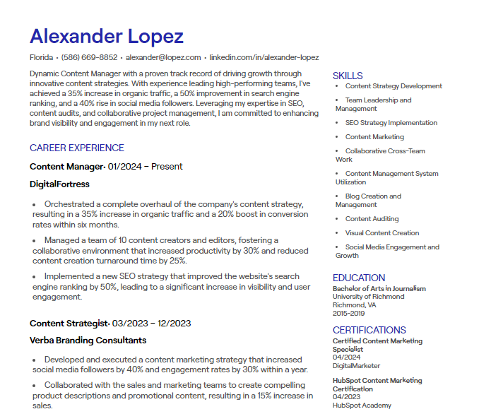 9 Content Manager CV Examples [+ Free Templates]