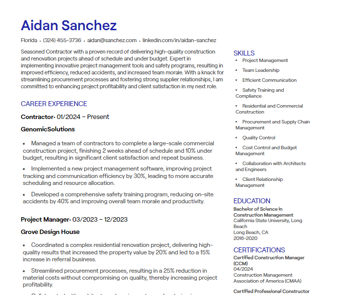 1 Contractor CV Examples [+ Free Templates]
