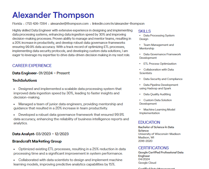 19 Data Engineer CV Examples [+ Free Templates]