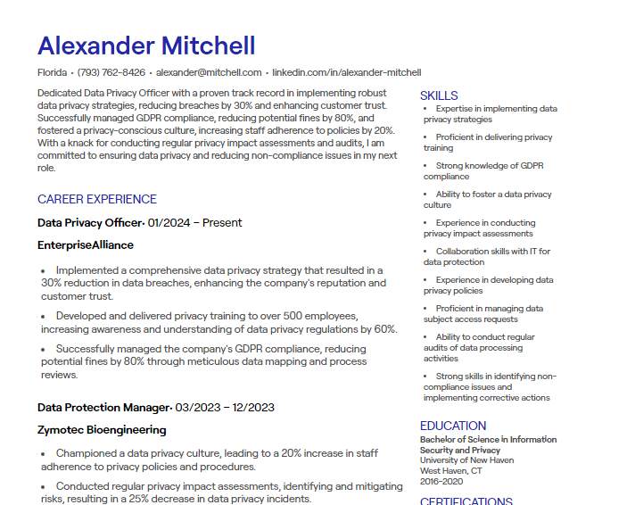 2 Data Privacy Officer CV Examples [+ Free Templates]