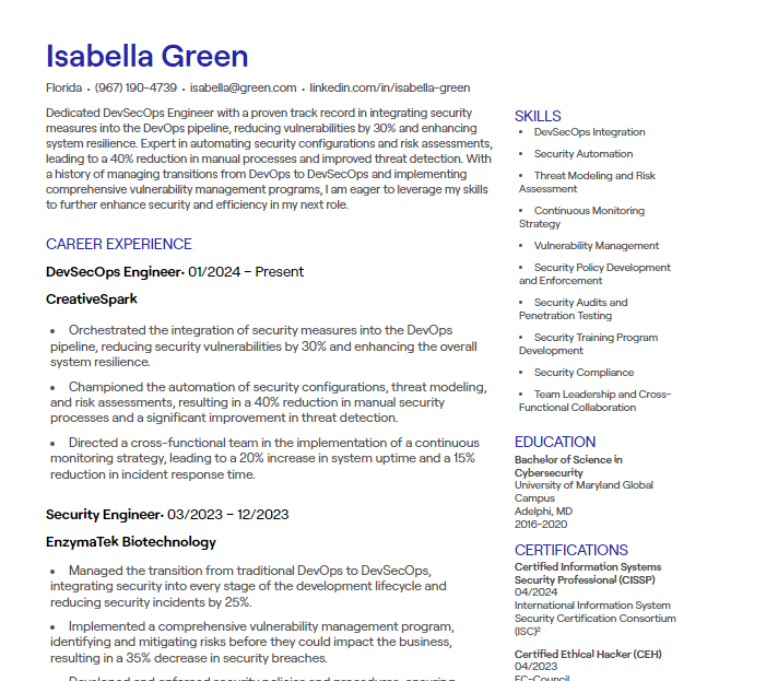 2 DevSecOps Engineer CV Examples [+ Free Templates]