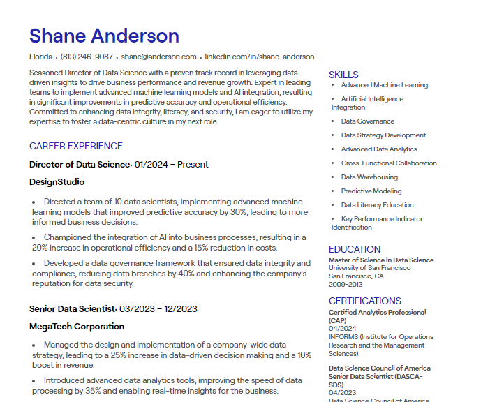 1 Director of Data Science CV Examples [+ Free Templates]