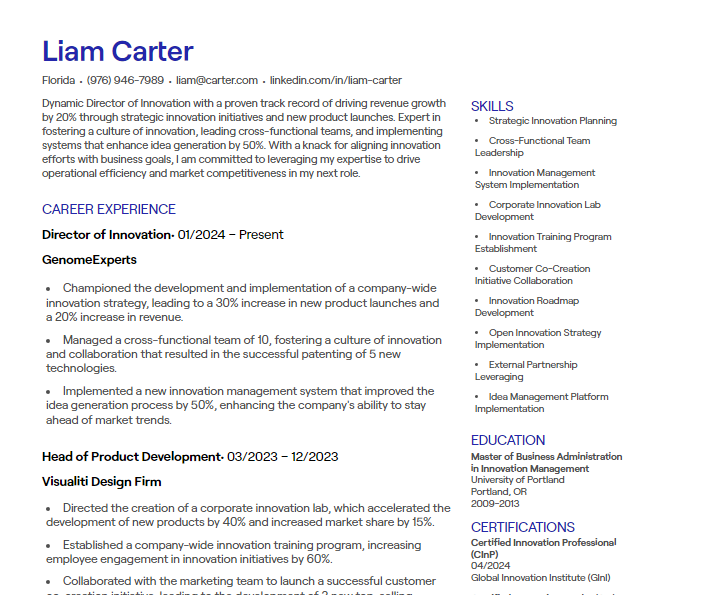 1 Director of Innovation CV Examples [+ Free Templates]