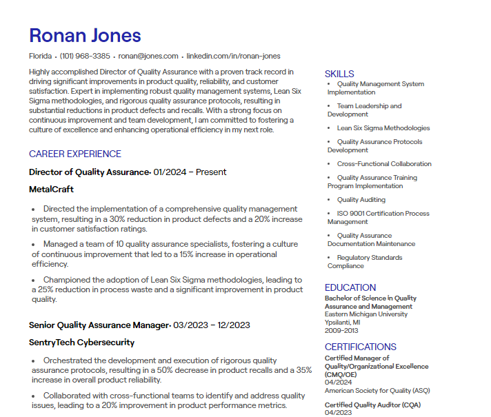 1 Director of Quality Assurance CV Examples [+ Free Templates]
