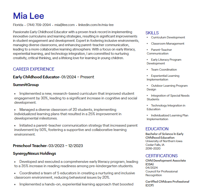 1 Early Childhood Educator CV Examples [+ Free Templates]