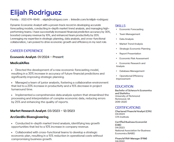 1 Economic Analyst CV Examples [+ Free Templates]