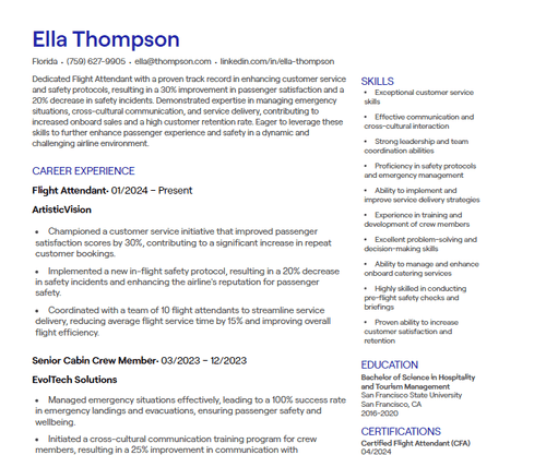 1 Flight Attendant CV Examples [+ Free Templates]