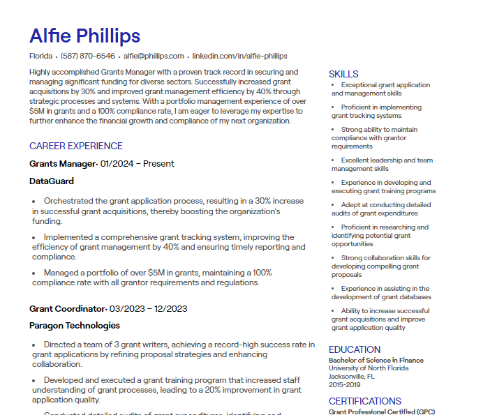 1 Grants Manager CV Examples [+ Free Templates]