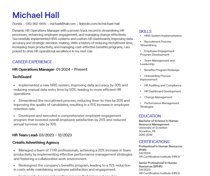 1 HR Operations Manager CV Examples [+ Free Templates]