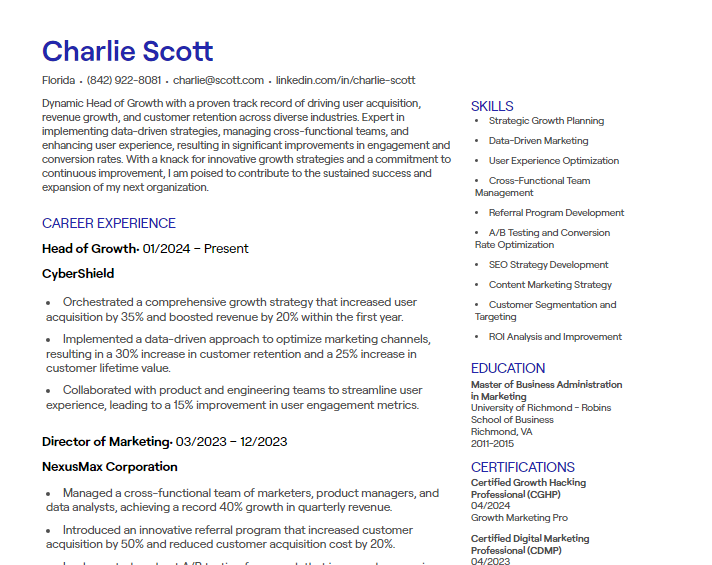 1 Head of Growth CV Examples [+ Free Templates]