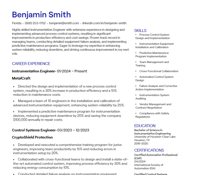 1 Instrumentation Engineer CV Examples [+ Free Templates]