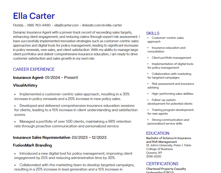 1 Insurance Agent CV Examples [+ Free Templates]