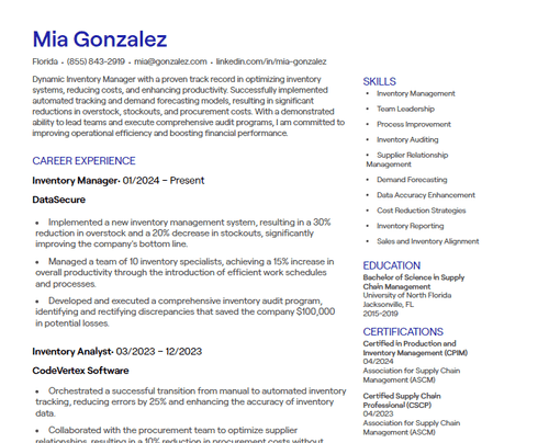 1 Inventory Manager CV Examples [+ Free Templates]