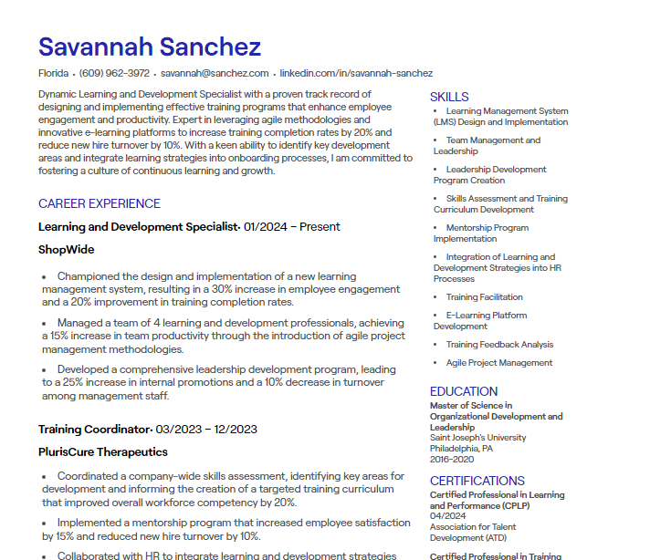 1 Learning and Development Specialist CV Examples [+ Free Templates]