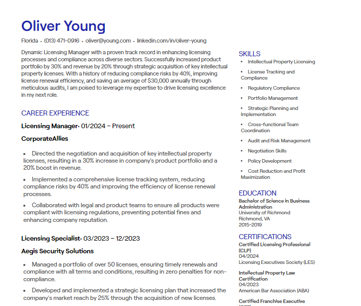 1 Licensing Manager CV Examples [+ Free Templates]