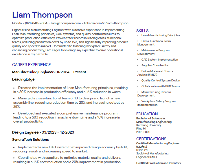 6 Manufacturing Engineer CV Examples [+ Free Templates]