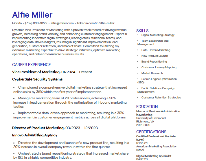 1 Vice President of Marketing CV Examples [+ Free Templates]