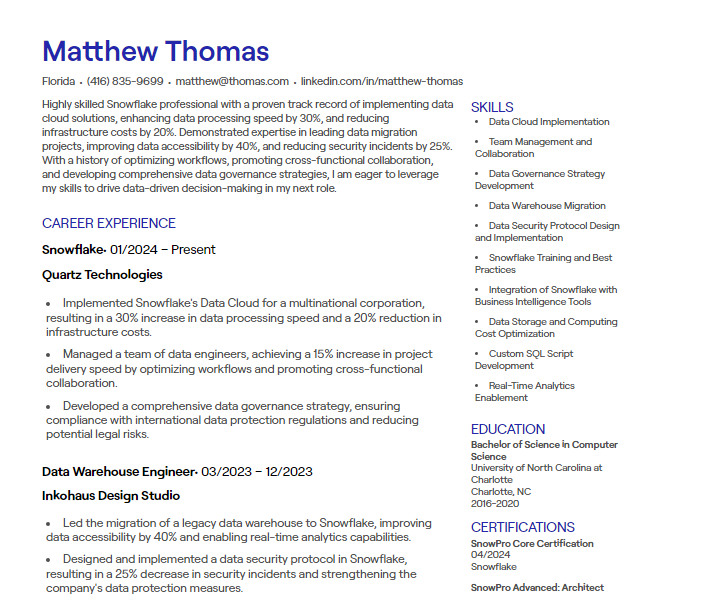 1 Snowflake CV Examples [+ Free Templates]